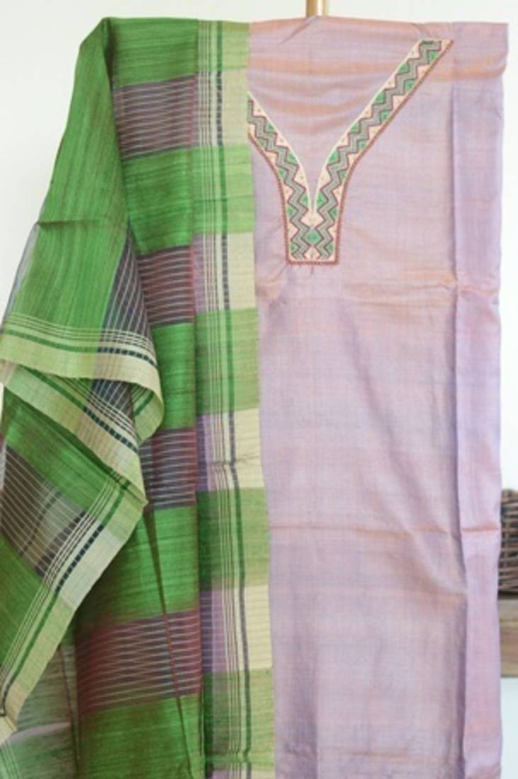 Greenish peach colour, Hand embroidery, Tussar silk, churidhar, party ...