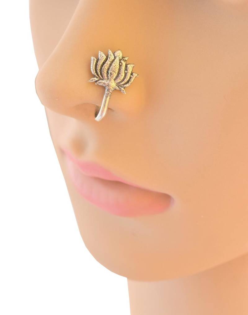 Giftpiper Oxidized Metal Nose Pin Lotus Pattern - Richa Pandey - 2195711