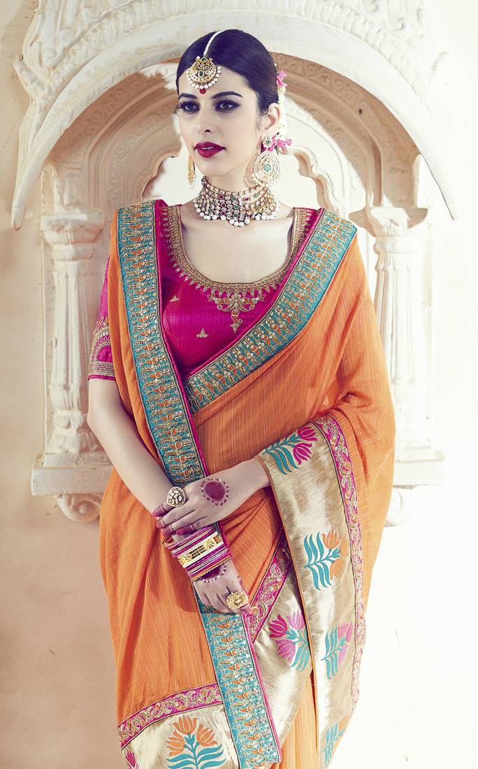 Saffron embroidered silk saree with blouse - Hirpara House - 2202178