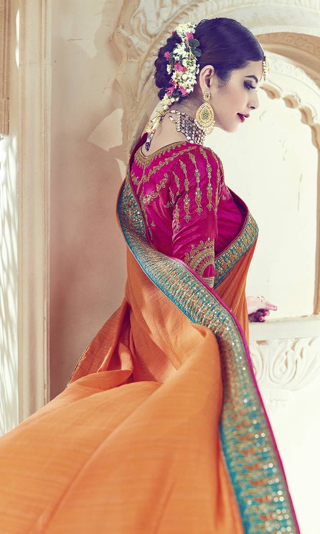 Saffron embroidered silk saree with blouse - Hirpara House - 2202178