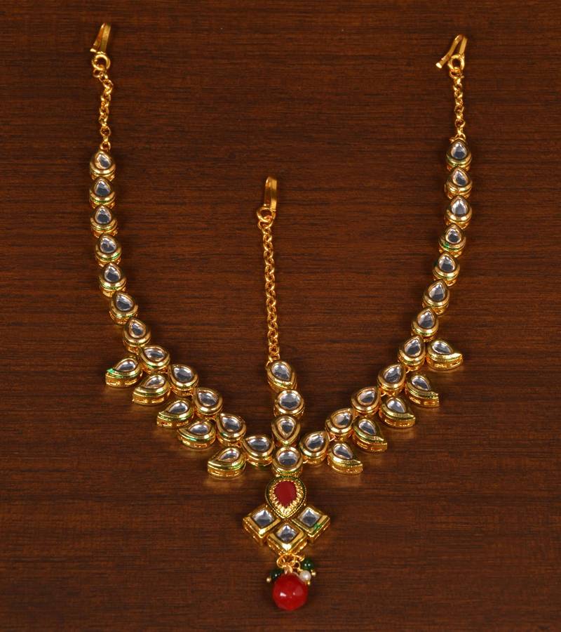 Kundan and Ruby Stone Embellished Matha Patti for Women - PINK PITCH ...