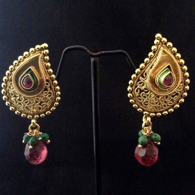 Charming rani pink green vintage stud earring India copper jewellery ...