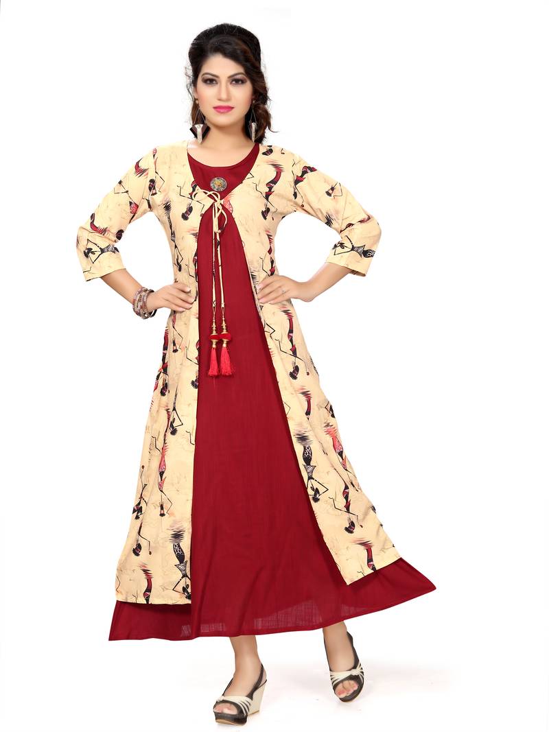 Multicolor printed rayon stitched long kurtis - Velentino Trend - 2211979