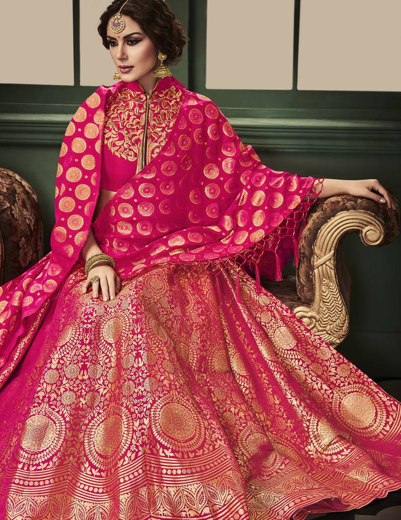 Magenta woven silk unstitched lehenga - Monjolika - 2220618