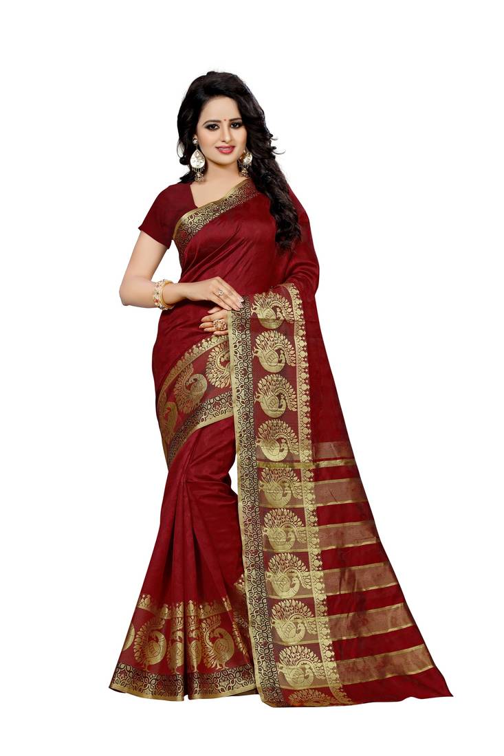 Maroon plain cotton silk saree with blouse - green garden photo art ...