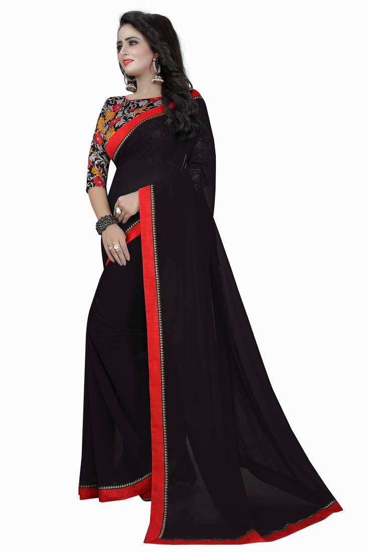 Black Plain Georgette Saree With Blouse - Zypara - 2228446
