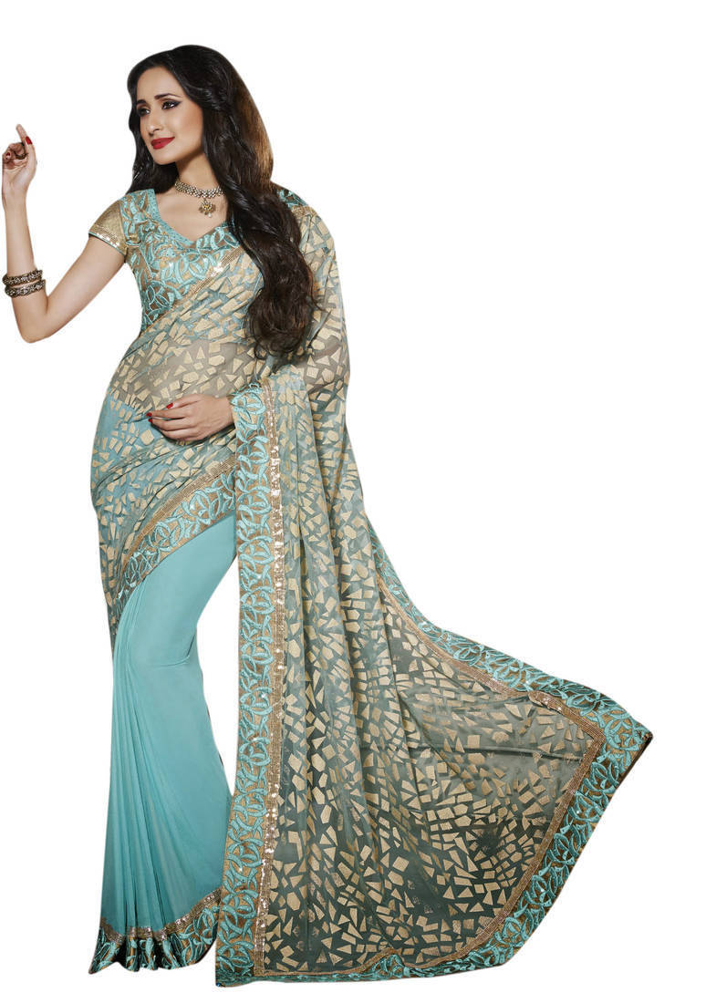 Blue Embroidered Net,Chiffon Saree With Blouse - Triveni - 303026