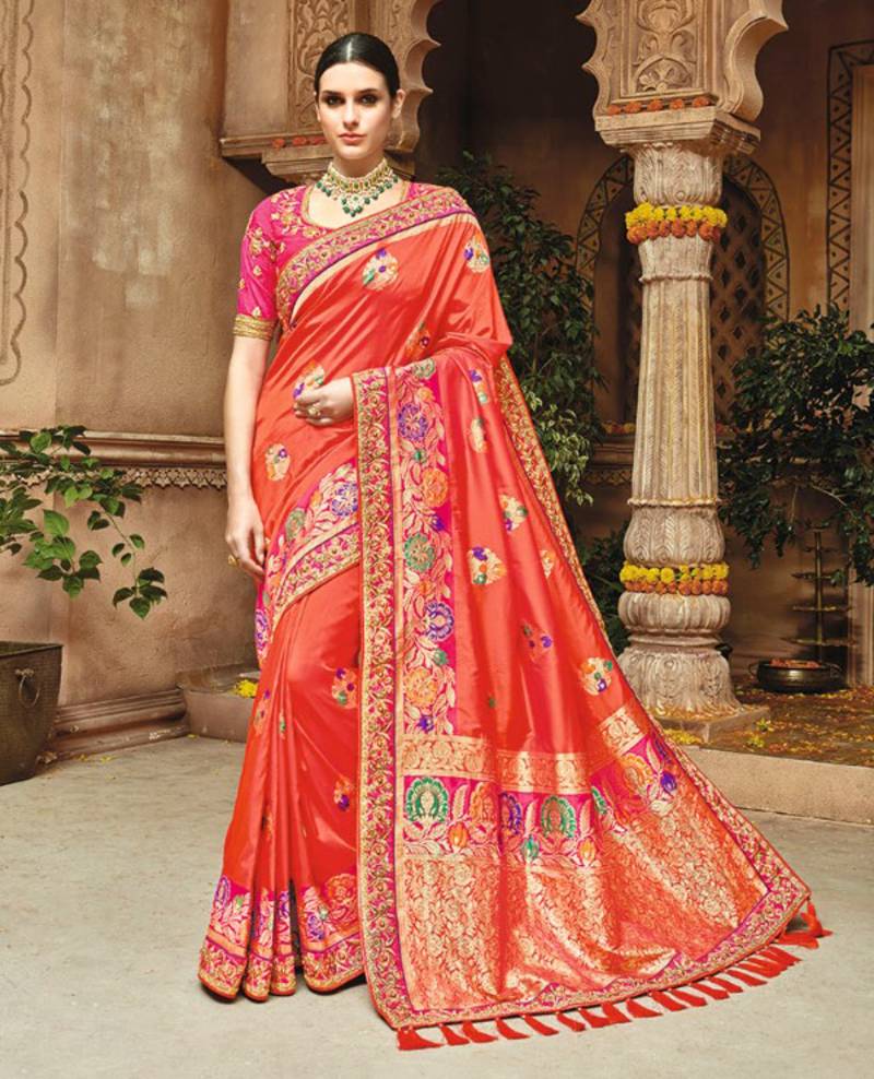 Rust woven silk saree with blouse - Monjolika - 2265656
