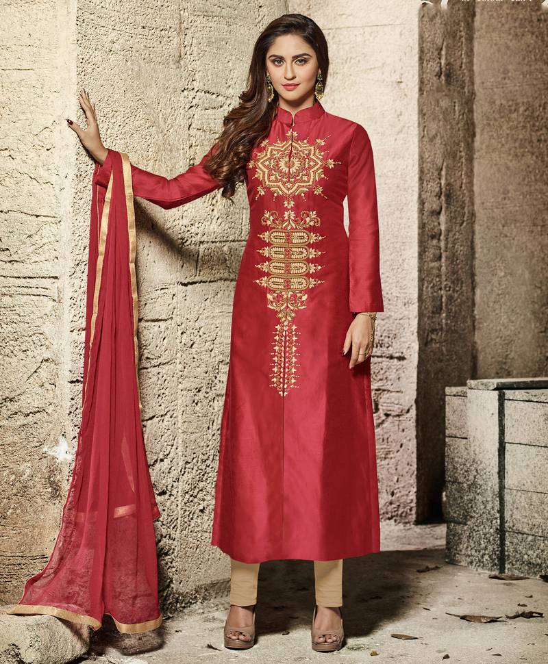 red embroidered cotton semi stitched salwar with dupatta - Vishwa Silk ...