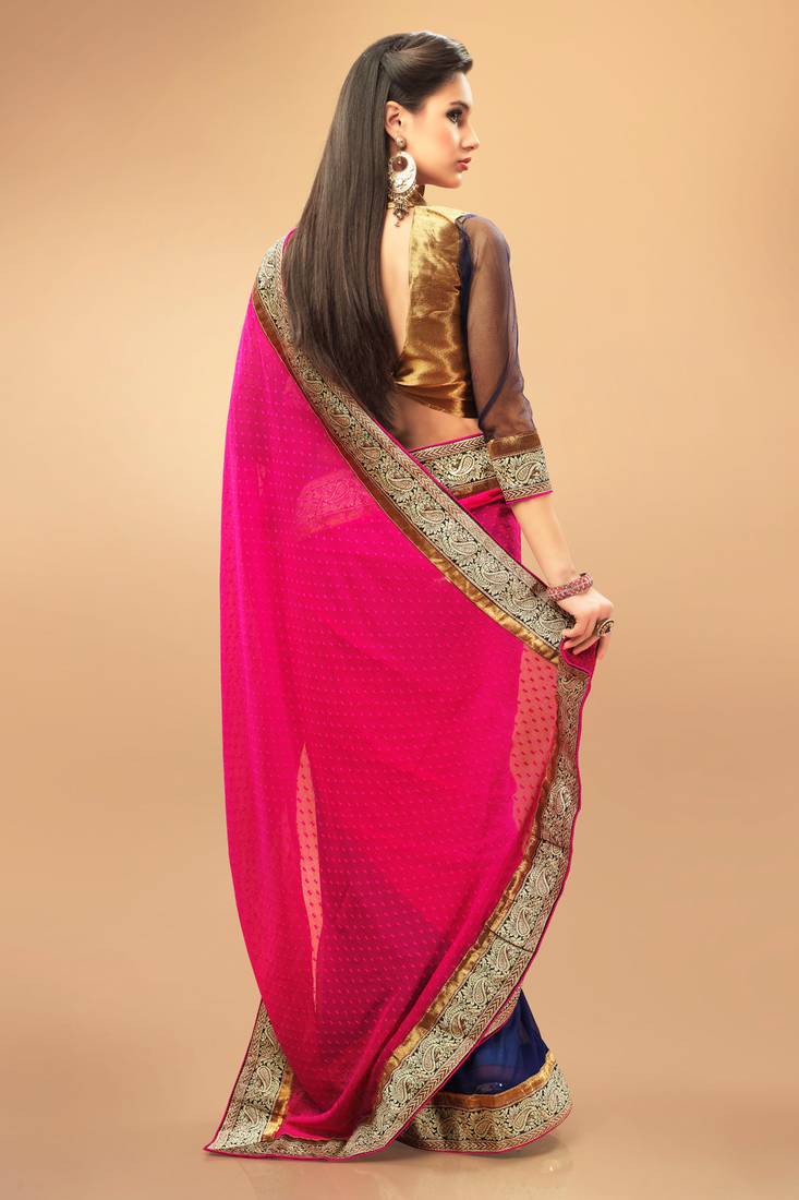 Pink and Blue Georgette Saree with Golden Banarasi Silk Blouse Piece ...