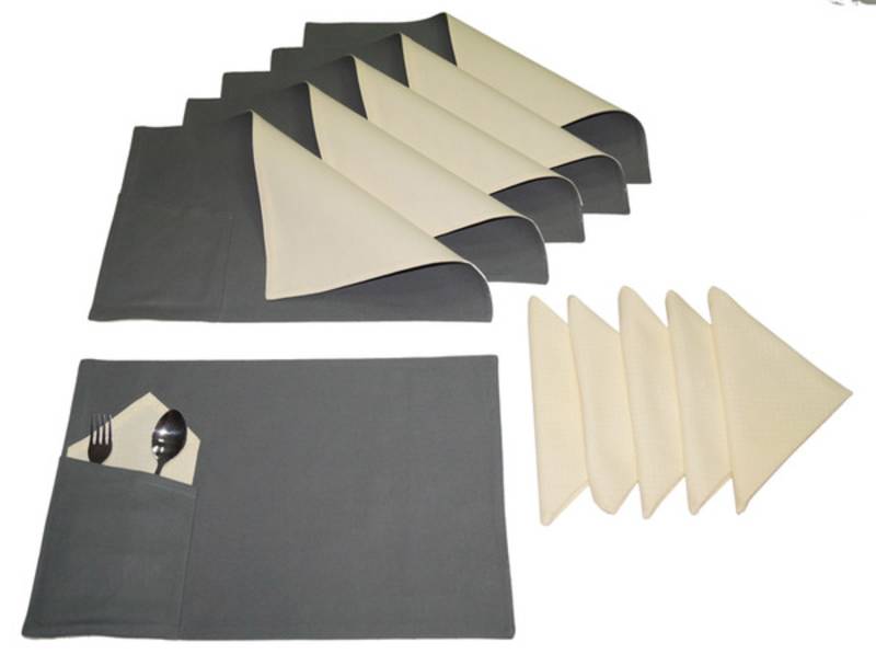 Bi Color Sedona Sage and Ecru 6 Reversible Cotton Mats with Pocket & 6 ...