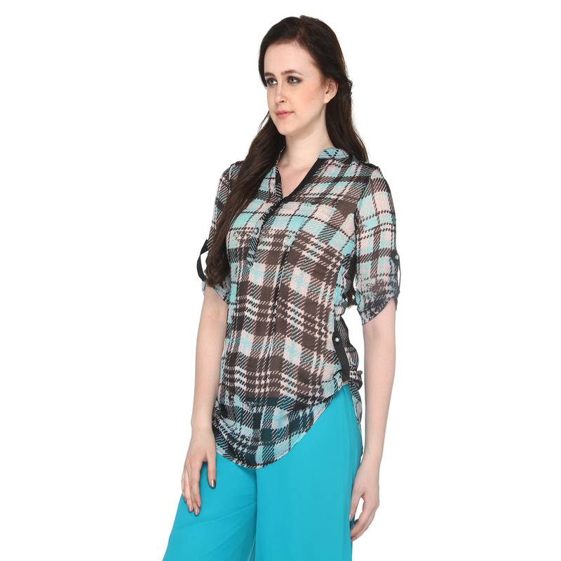 Sea green polyester checkered tops - P-Nut Casuals - 2279914