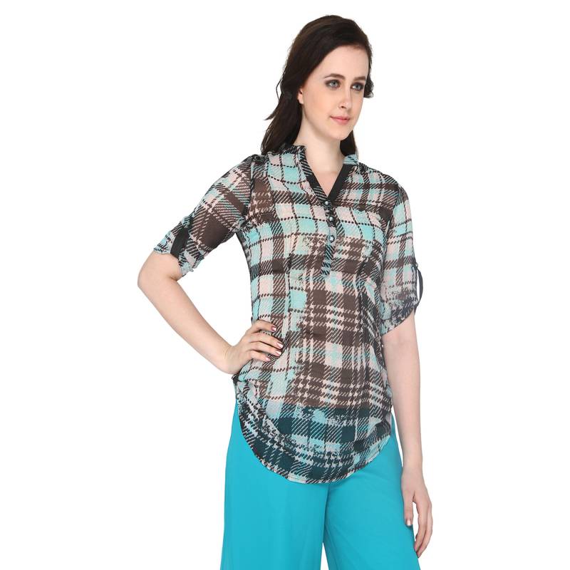 Sea green polyester checkered tops - P-Nut Casuals - 2279914