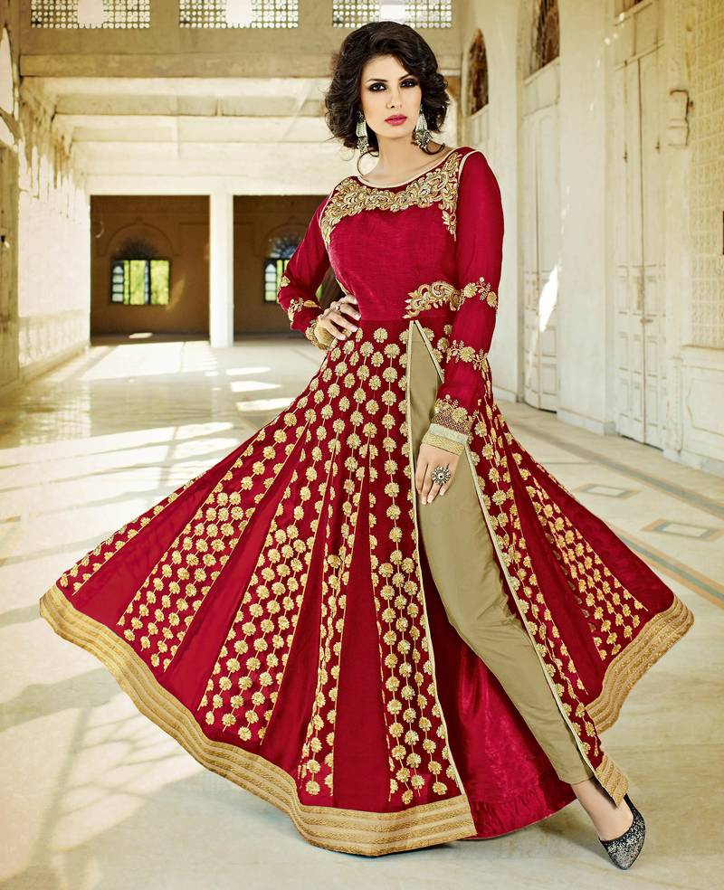 Maroon embroidered georgette salwar - Janki Creation - 2289996
