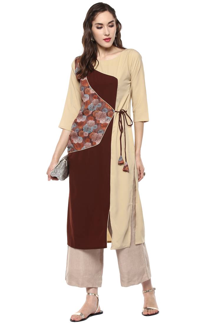 Beige printed crepe stitched ethnic-kurtis - Janasya - 2305576