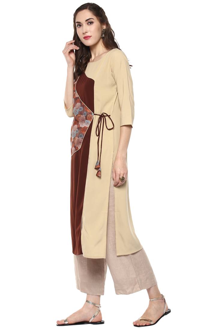 Beige printed crepe stitched ethnic-kurtis - Janasya - 2305576