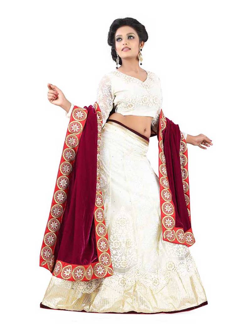 White embroidered net unstitched lehenga with dupatta - Hansa Nasit ...