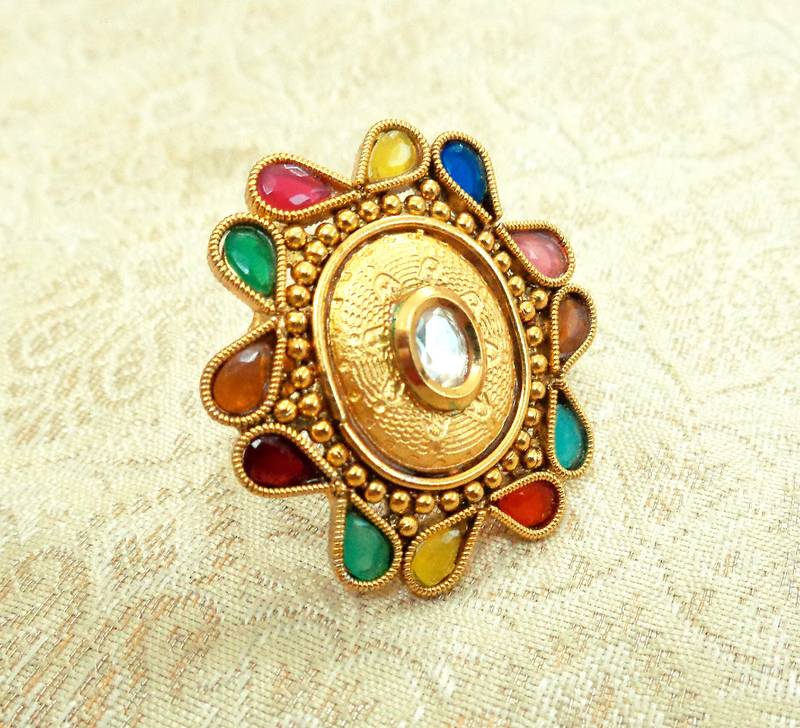 Copper Royal Navaratna Kundan Adjustable Finger Ring Wedding Bridal ...