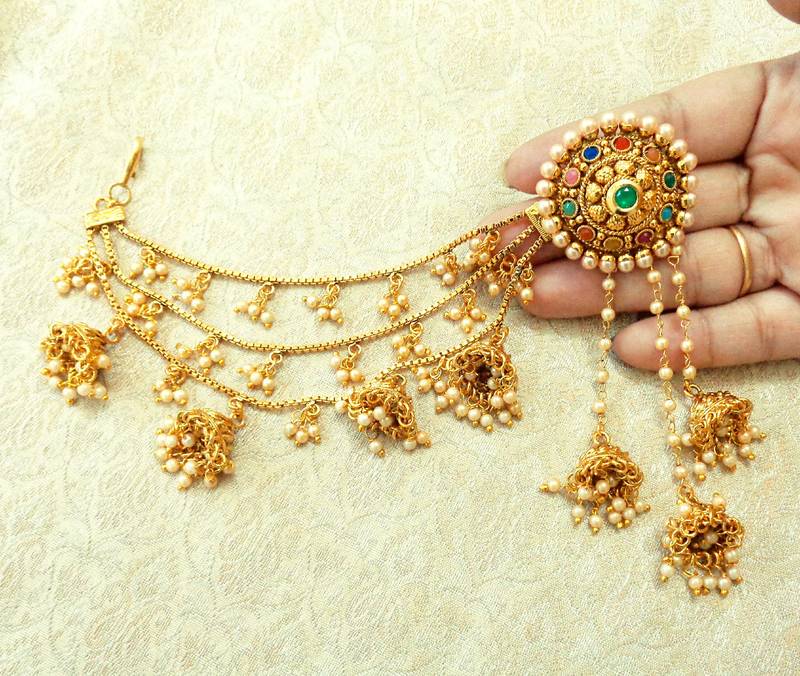 Devsena bahubali navratna stone pearl zircon kundan jhumka earring with ...