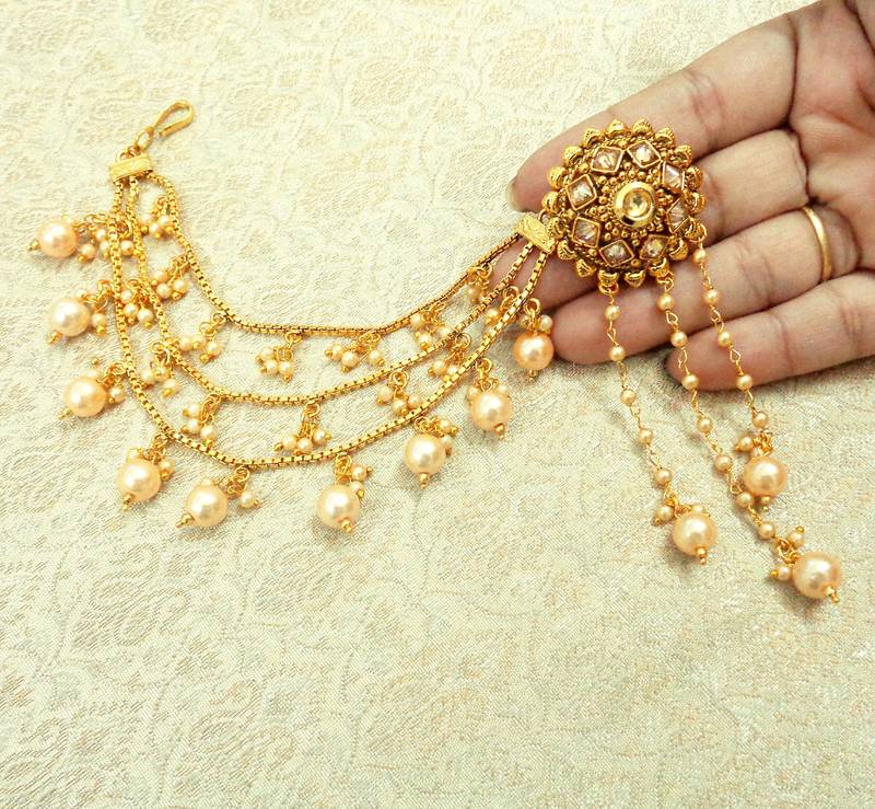 Devsena Bahubali Golden Pearl Zircon Kundan jhumka earring with Ear ...