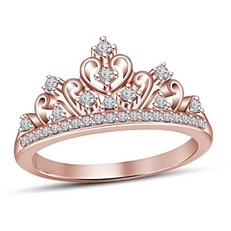 Charming Queen Crown Ring Round Cut White CZ 14K Rose Gold Plated 925 ...