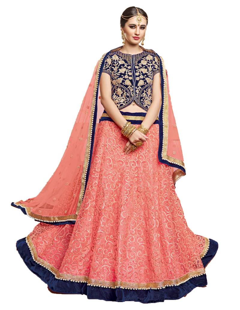 Coral embroidered net unstitched lehenga with dupatta - Monjolika - 2347059