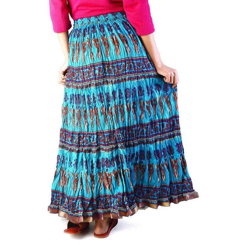 Fashionable Ethnic Turquoise Cotton Long Skirt - LITTLE INDIA - 317650