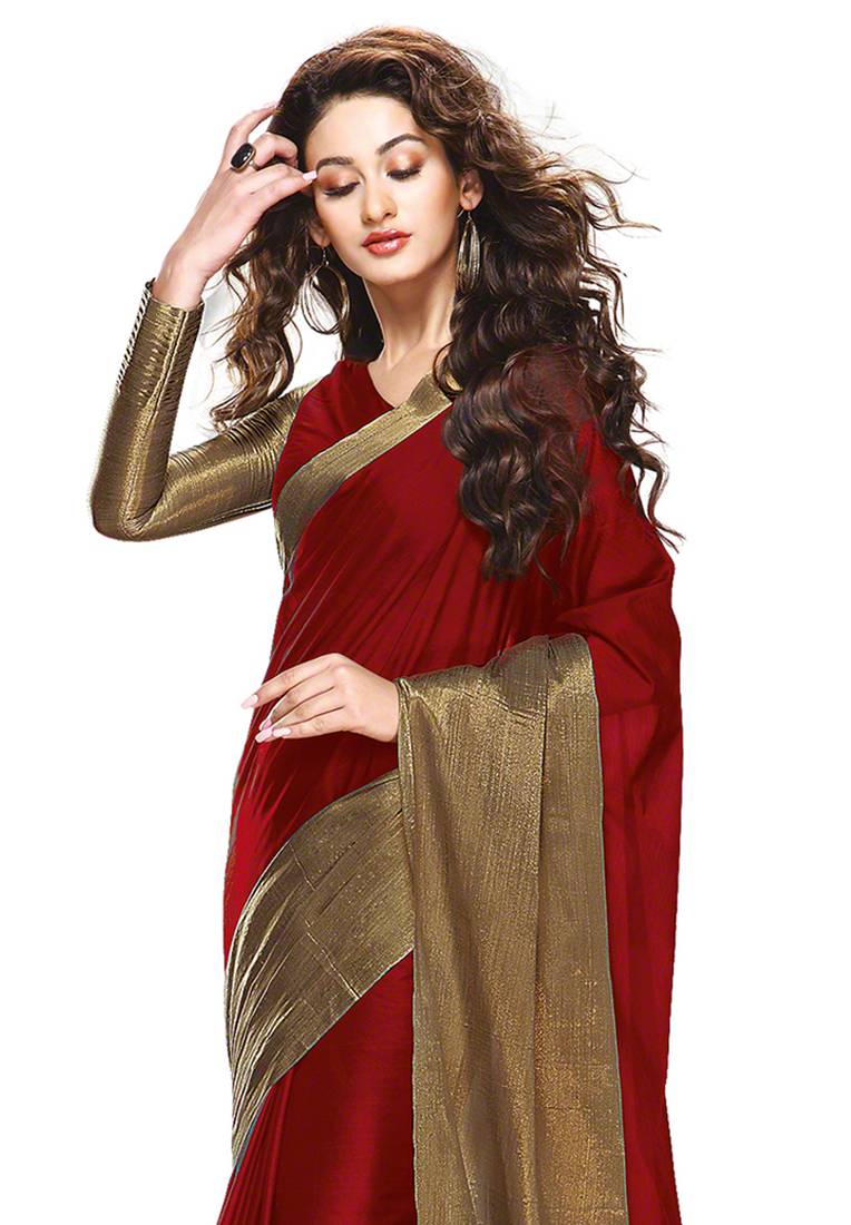 Maroon Plain Cotton Saree With Blouse - Om Clothing - 2356854