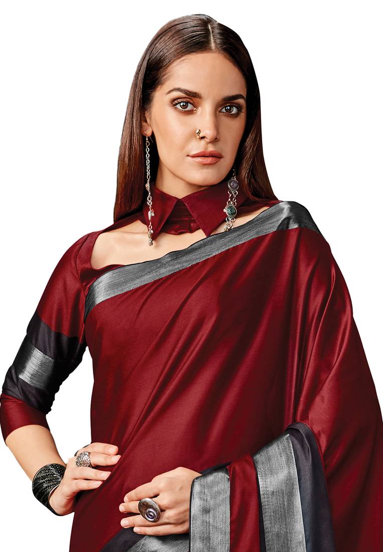 Maroon Plain Cotton Saree With Blouse - Om Clothing - 2356892