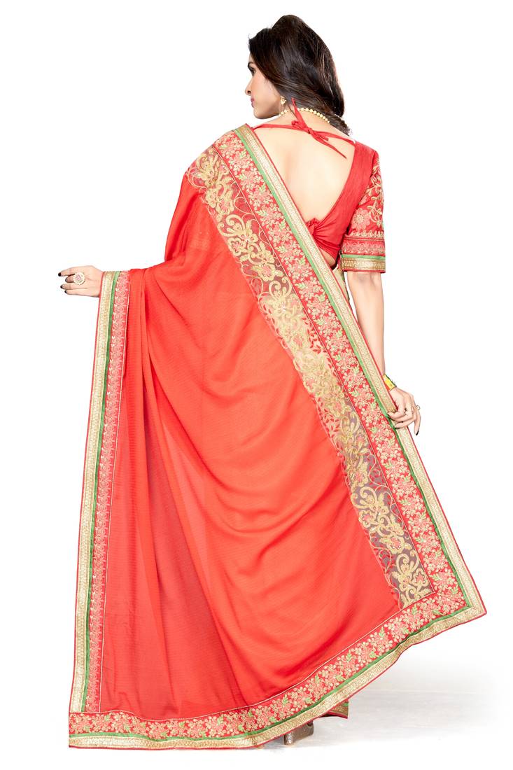 Multicolor plain chiffon saree with blouse - Takshaya - 2366446