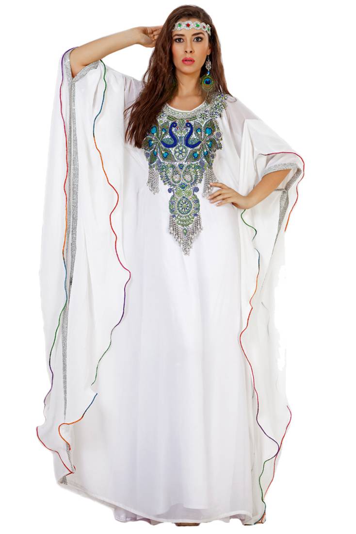 Beautiful White Peacock Embroidered Arabic Kaftan - Kolkozy Fashion ...
