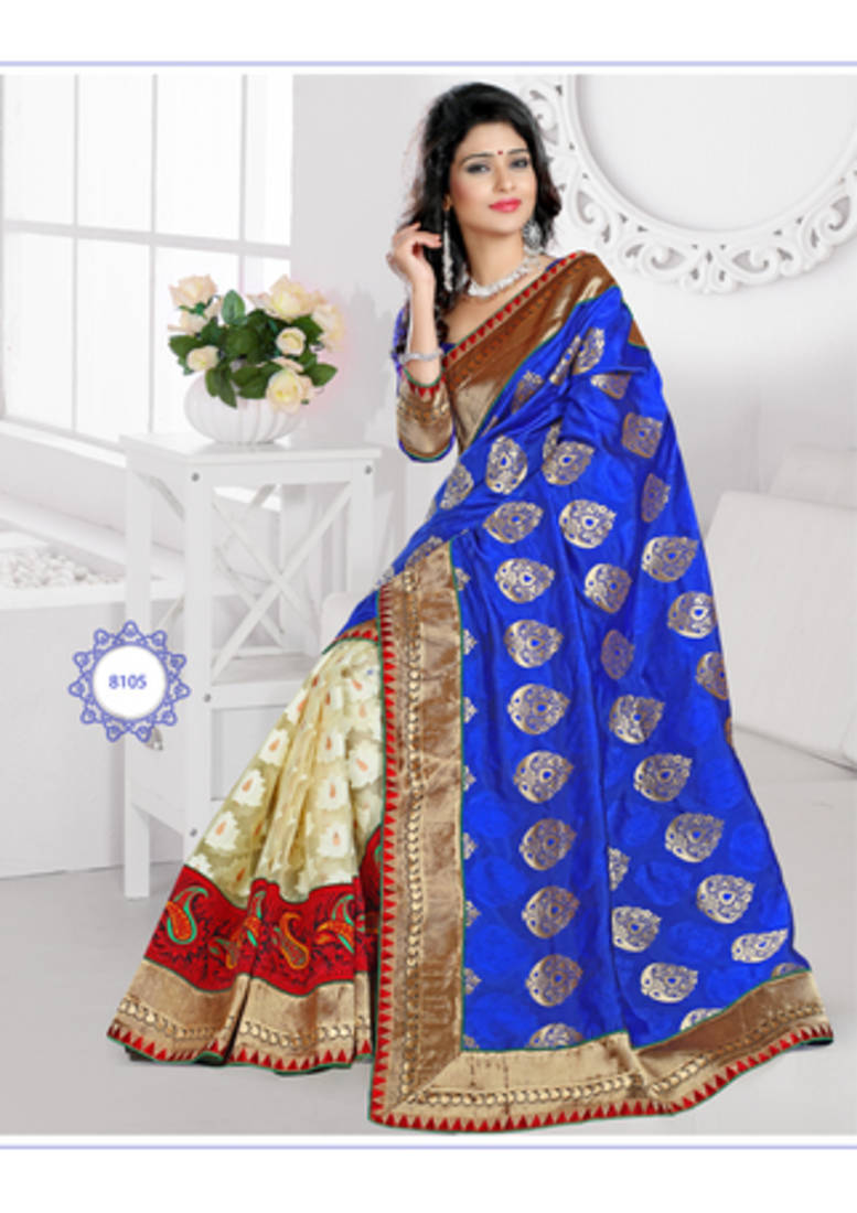 Royal Blue With Light Chiku Color Banarasi Jacquard With Heavy Border ...