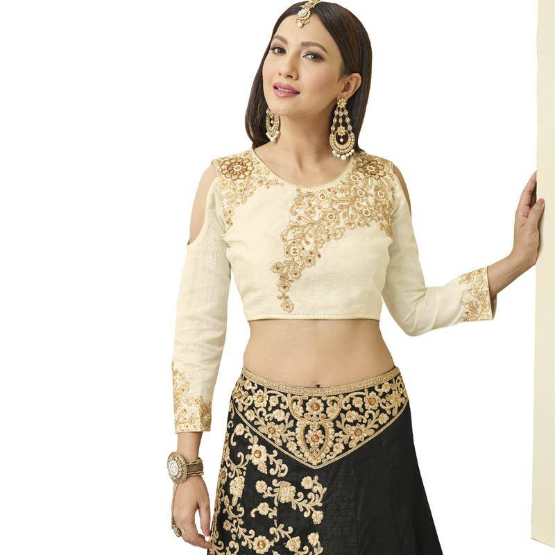Black embroidered art silk unstitched lehenga with dupatta - Vasu ...