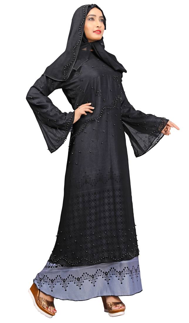 Black Colour Beads Stone Work Georgette & Nida With Printed Inner ...