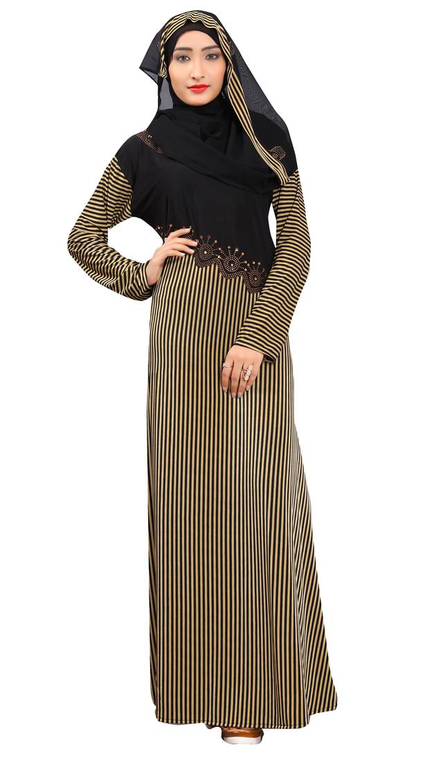 Golden & Black Colour Diamond Stone Work Stripped Printed Stretchable ...