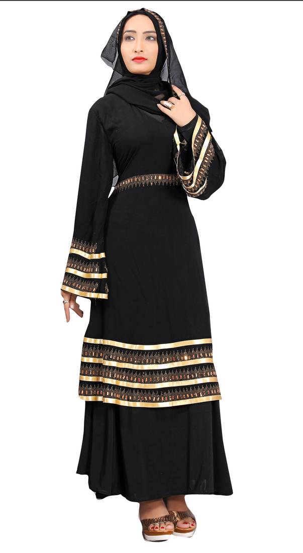 Black Colour Stretchable Lycra Golden Stone Work Anarkali Style Burka ...