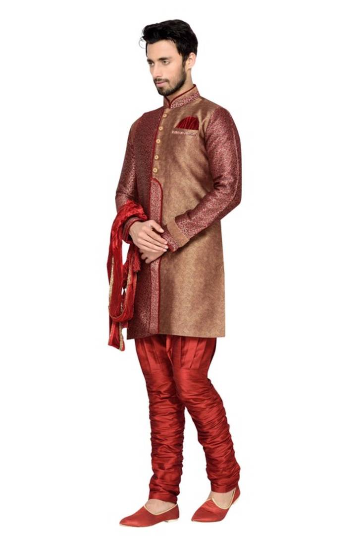 Indian Poshakh Maroon Brocket Kurta Pajama - Indian Poshakh - 2420949