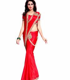 Red plain crepe saree with blouse - RADHA RANI FASHION - 2441309