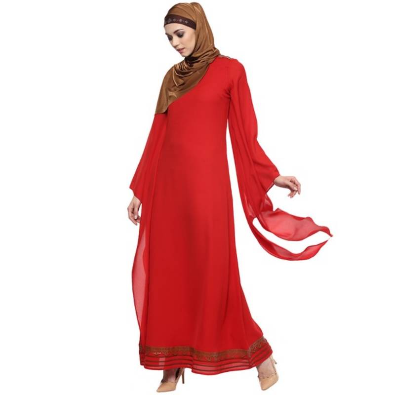 Red Abaya with detailed sleeve - House of Zeniaa - 2441685