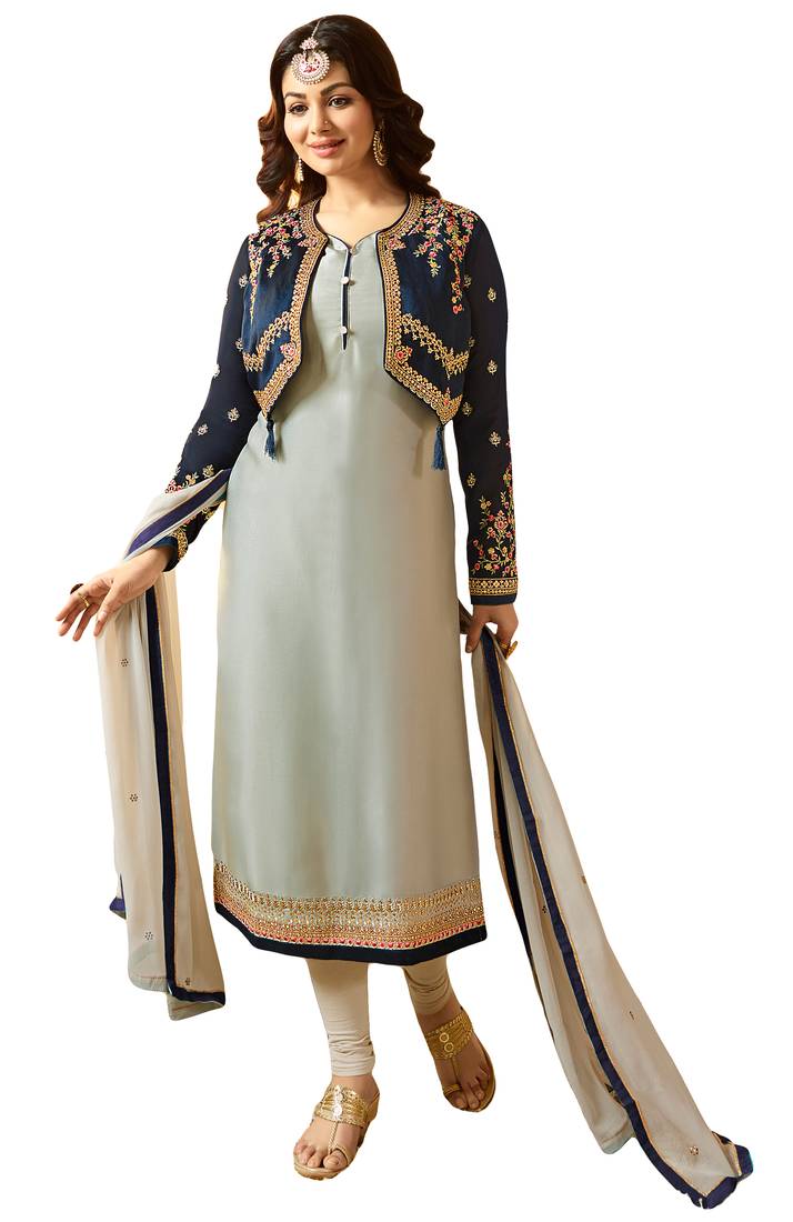 Silver Grey Resham Work,Lace Work & Diamond Stone Work Koti Style ...