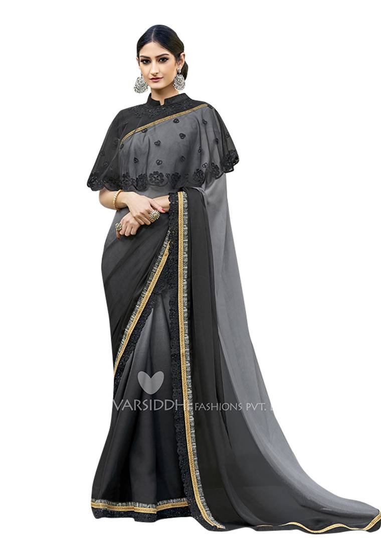 Black plain chiffon saree with blouse - Bansi Sarees - 2461821