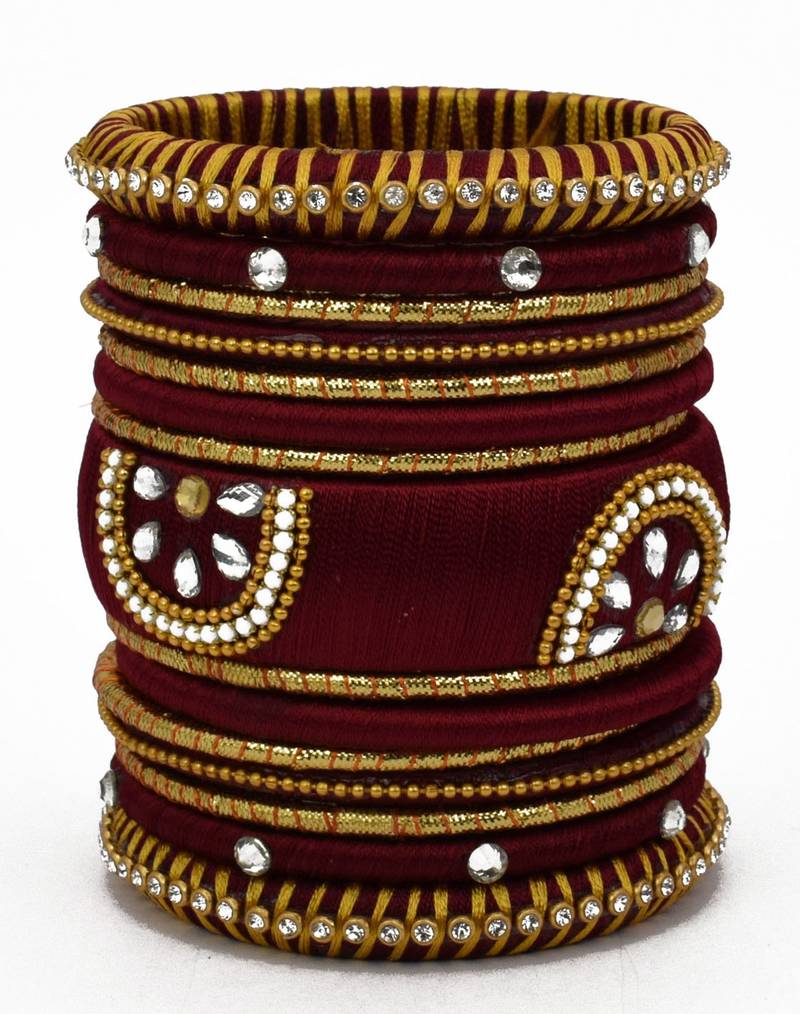 Stylish and elegant maroon with golden gota silk thread bangle set for ...
