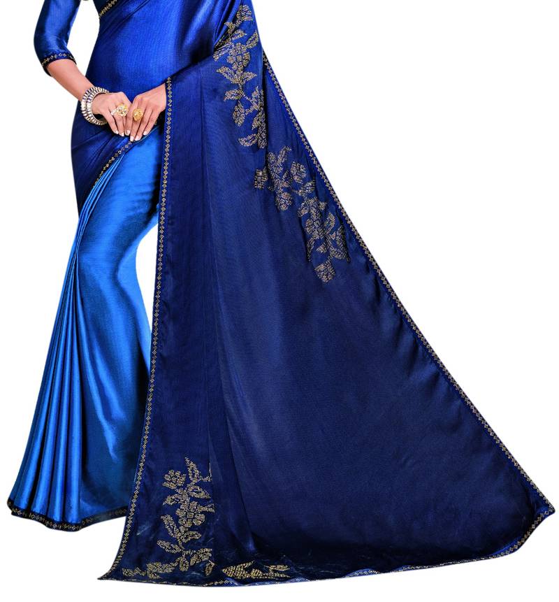 Dark blue embroidered faux satin saree with blouse - Brijraj - 2471551