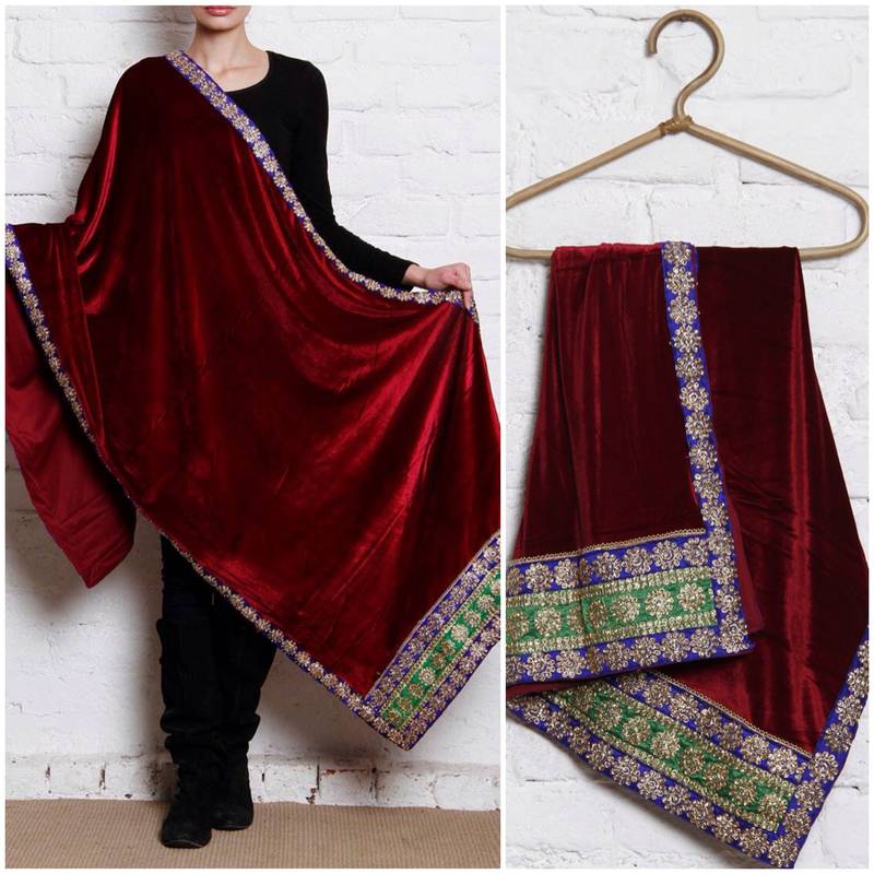 Maroon Semi Velvet Shawl - Alina Couture - 334108