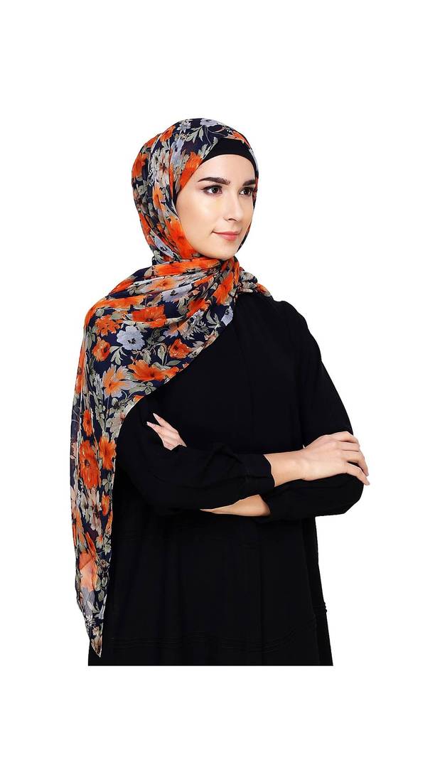 Dark Blue with Orange Floral Print Hijab - Modest Forever - 2479068