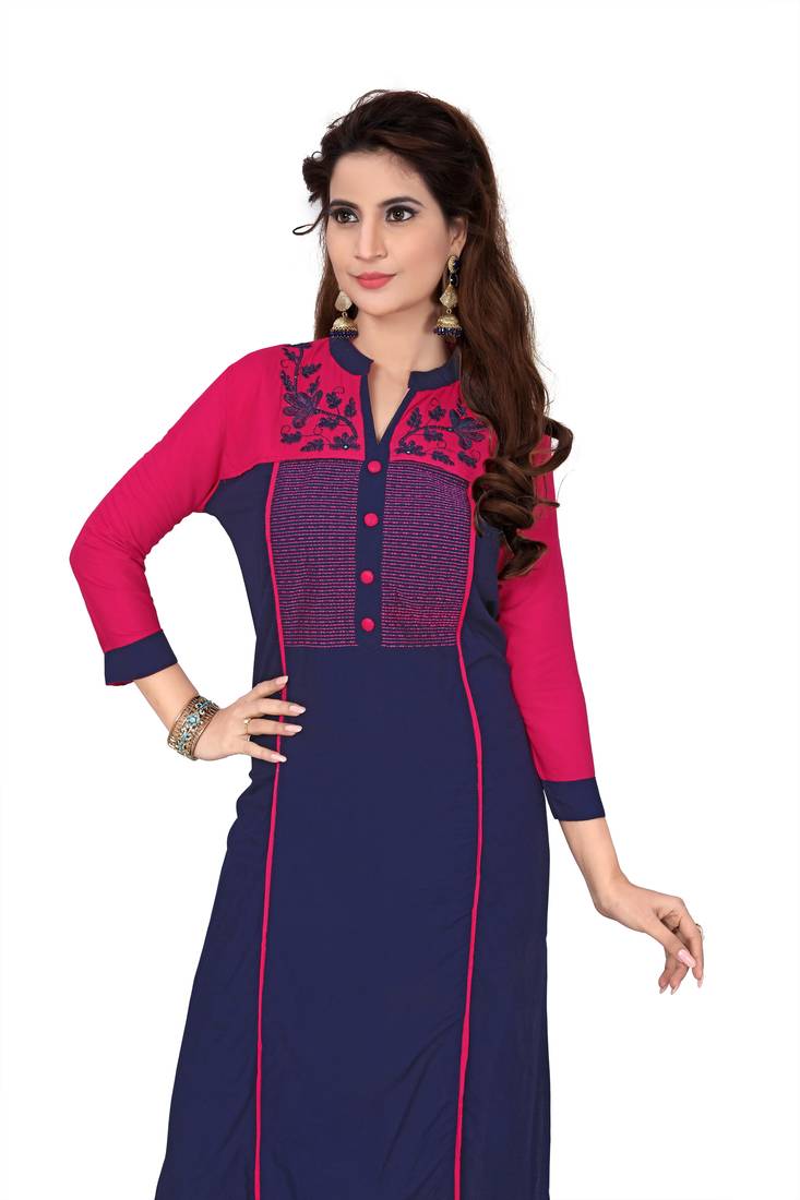 Blue embroidered rayon party-wear-kurtis - Shoponbit - 2480819