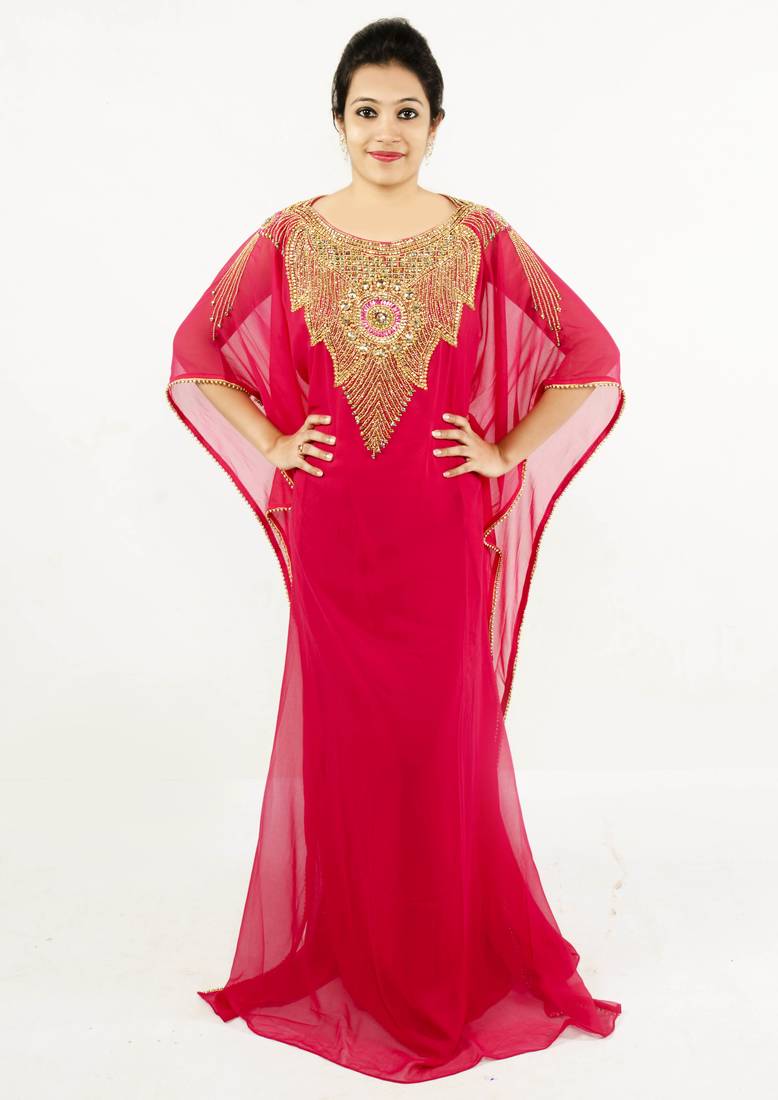Pink Stones, Beads and Crystals Work Chiffon 100% Polyester Islamic ...