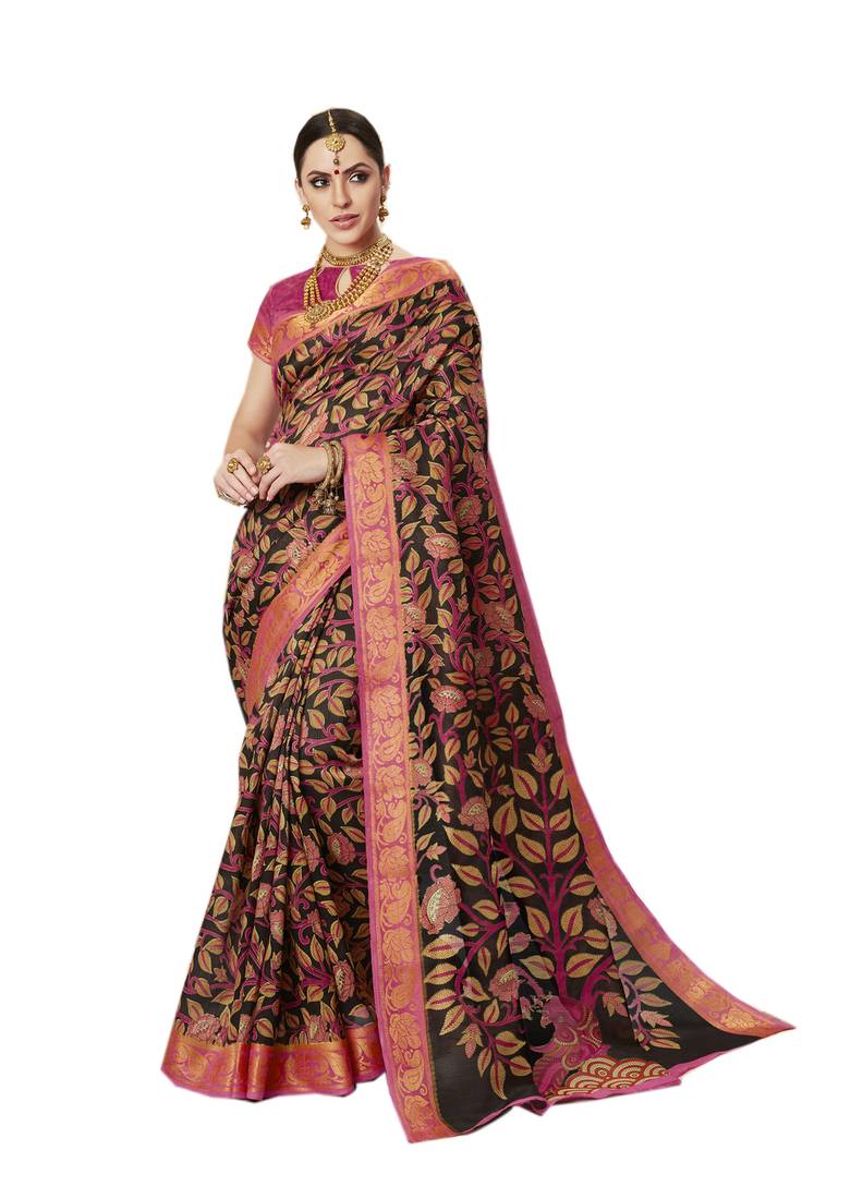 Black printed polyester saree with blouse - Monjolika - 2486238