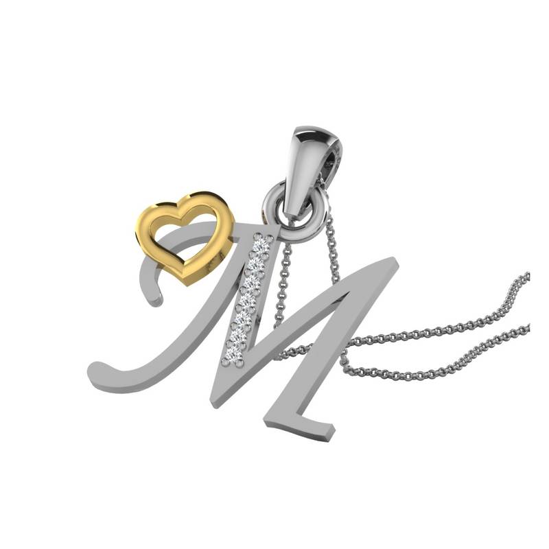 0.02ctsValentine Alphabet M With Heart Design Pendant in 18KT Yellow ...
