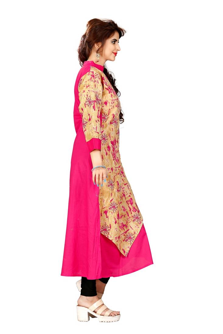 Hot pink printed cotton party-wear-kurtis - HD Fashion - 2492554